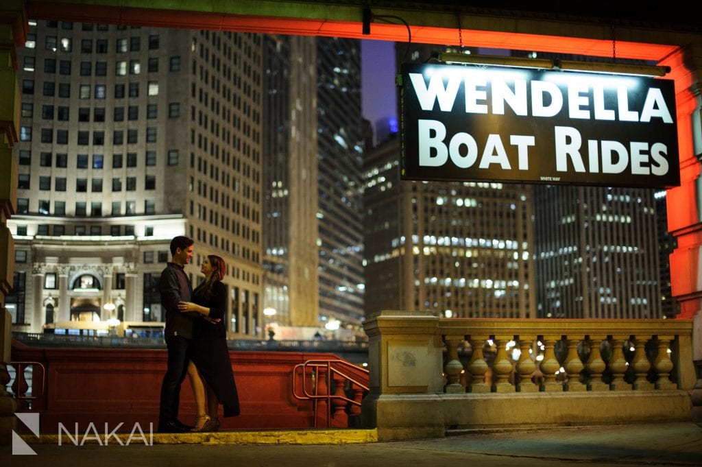 Creative Chicago Engagement Photographer at Night - Riverwalk